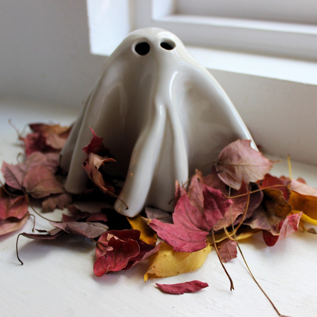 Handmade White Ceramic Ghost Candle Holder Fall Decoration Spooky Home ...