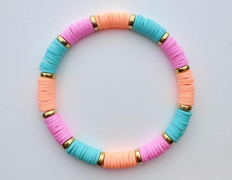 Clay Beaded Bracelet, Light Pink, Light Blue, and Peach Clay Beaded Bracelet, With Gold Bead ...