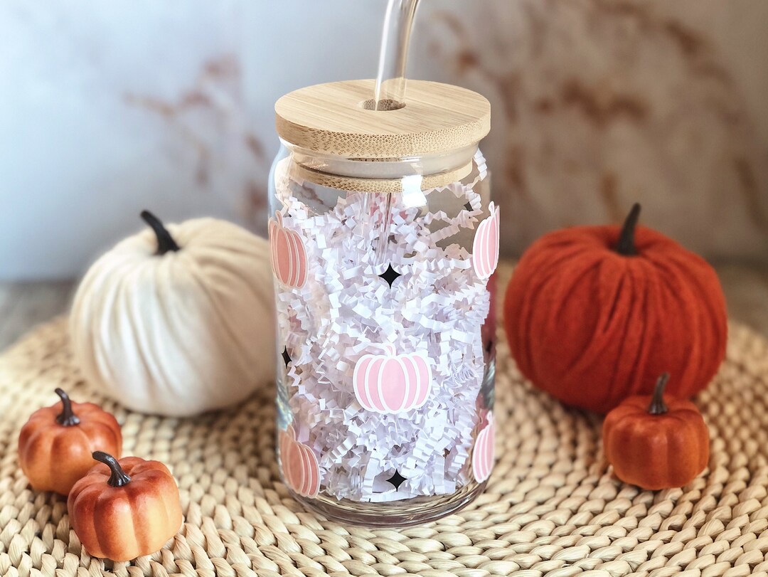 Handmade Cute Glass Can With Pink Pumpkins, Cute Glass Can for Fall ...