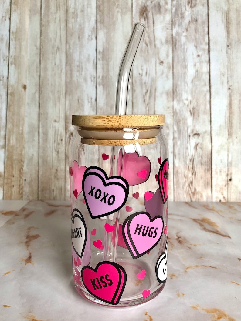 Valentine Libbey Glass Can With Candy Word Hearts, Glass Cup With ...