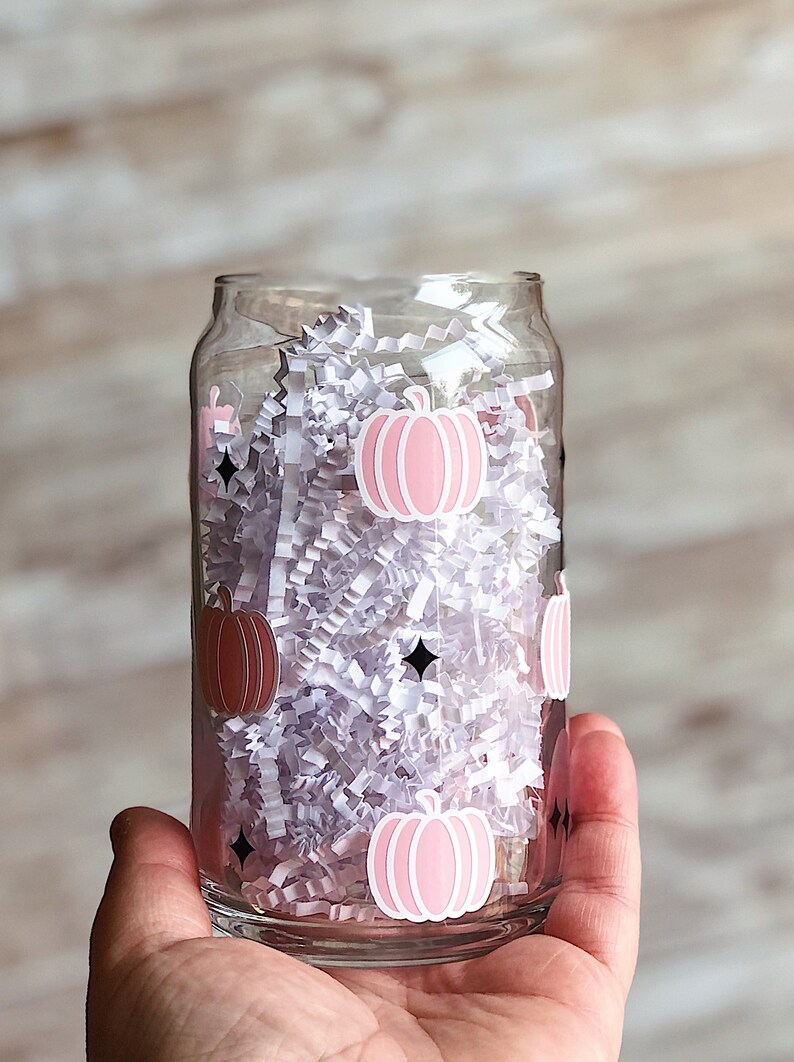 Handmade Cute Glass Can With Pink Pumpkins, Cute Glass Can for Fall ...
