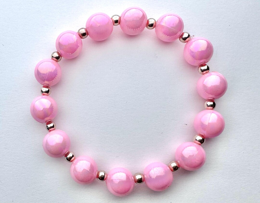Pink and Rose Gold Beaded Bracelet, 7 Inch Stretchy Beaded Bracelet - Etsy