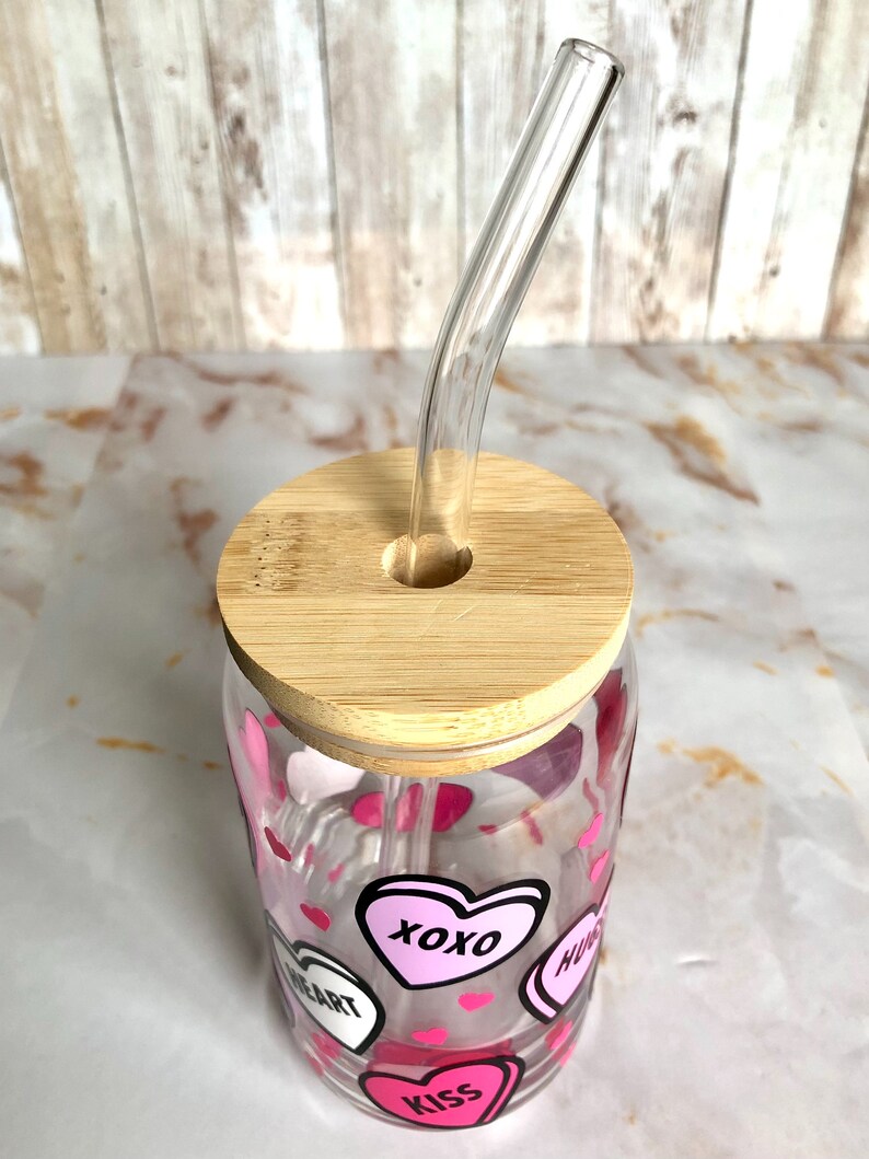 Valentine Libbey Glass Can With Candy Word Hearts, Glass Cup With ...