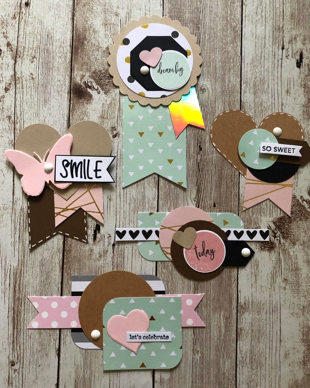 Pack of 5 Light Pink and Mint Paper Embellishments Handmade ...