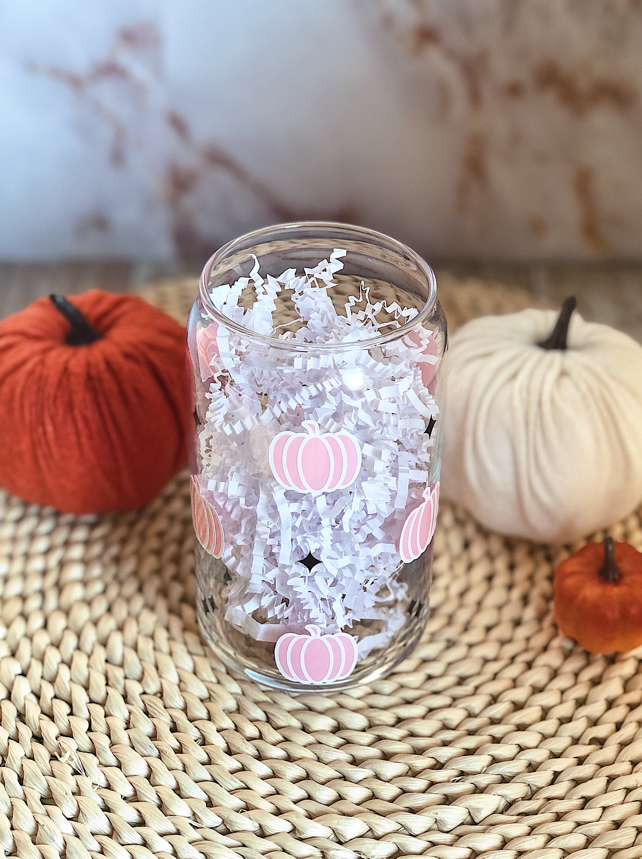 Handmade Cute Glass Can With Pink Pumpkins, Cute Glass Can for Fall ...