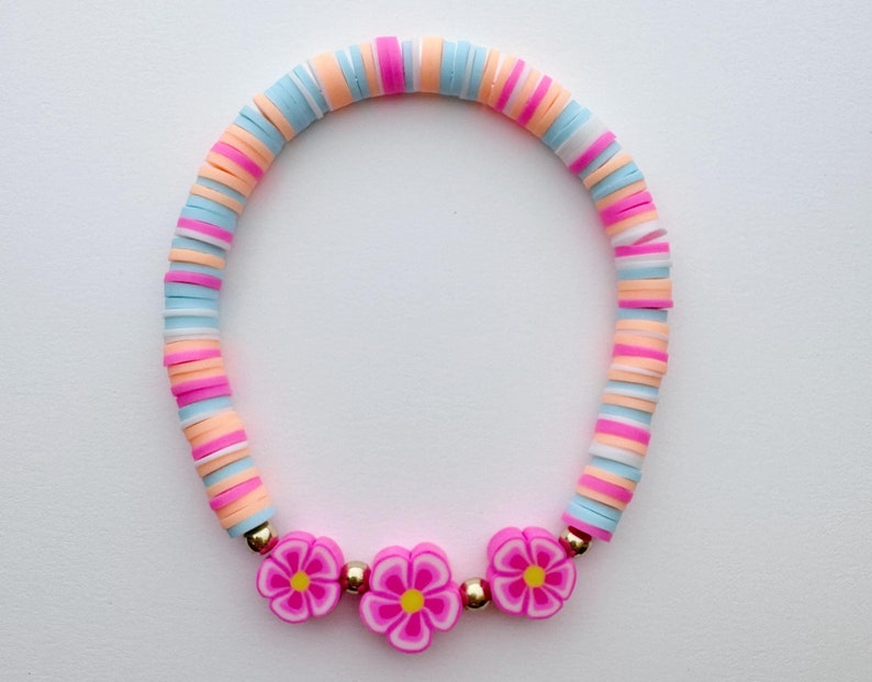 Pink Flower Clay Beaded Bracelet, Pink, Light Blue, Peach, and White Clay Beaded Bracelet, With ...