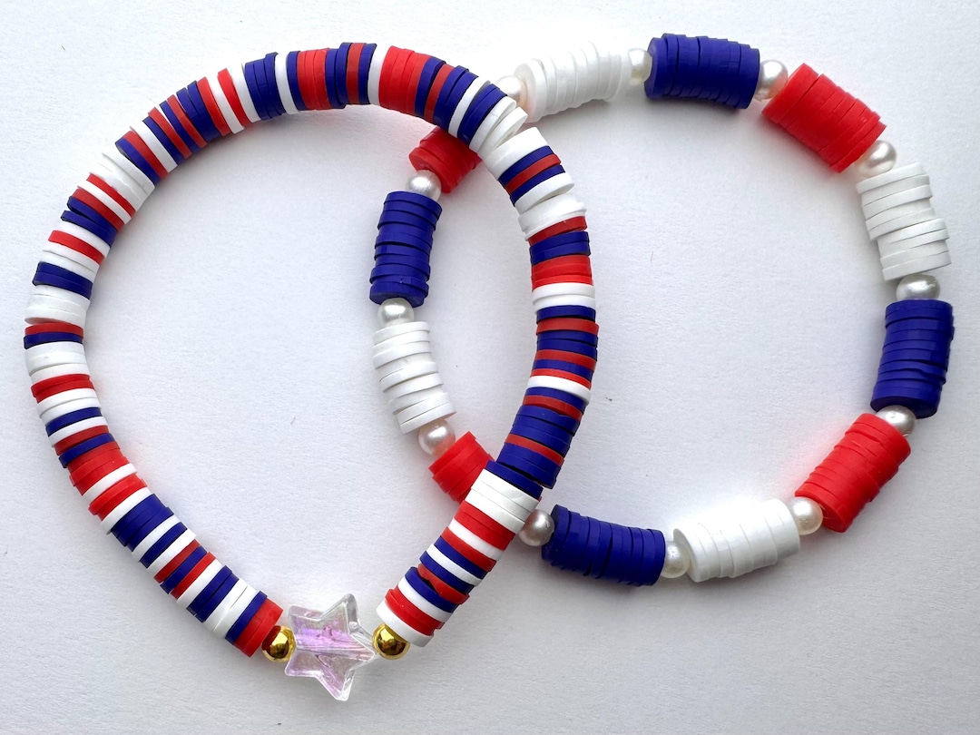 Red, White, and Blue Clay Beaded Bracelets, Set of 2 Clay Bracelets, 7 ...