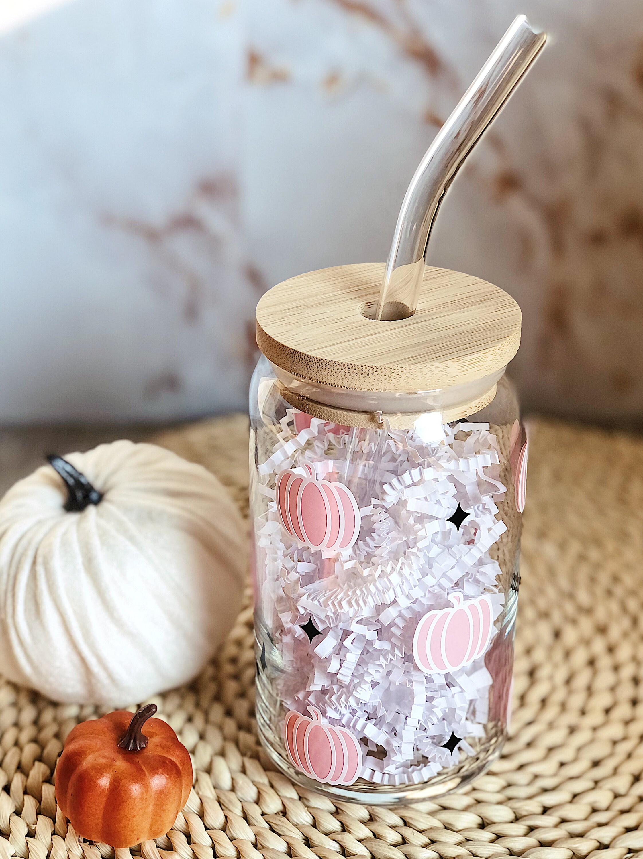 Handmade Cute Glass Can With Pink Pumpkins, Cute Glass Can for Fall ...