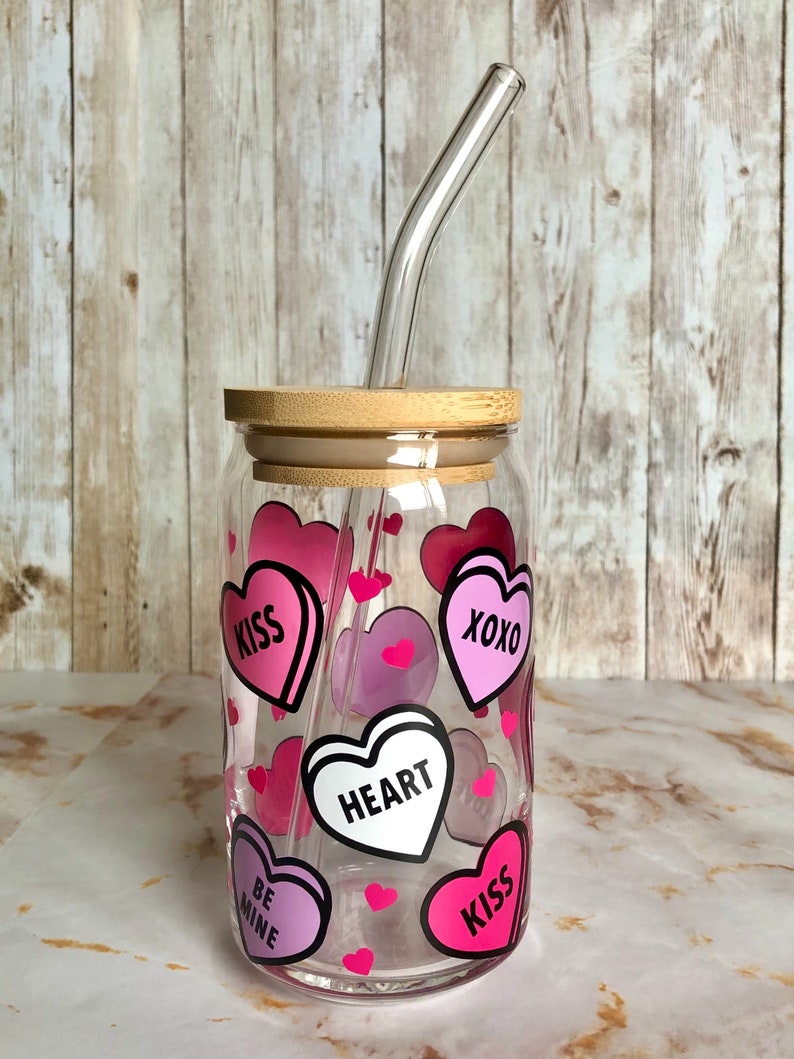 Valentine Libbey Glass Can With Candy Word Hearts, Glass Cup With ...
