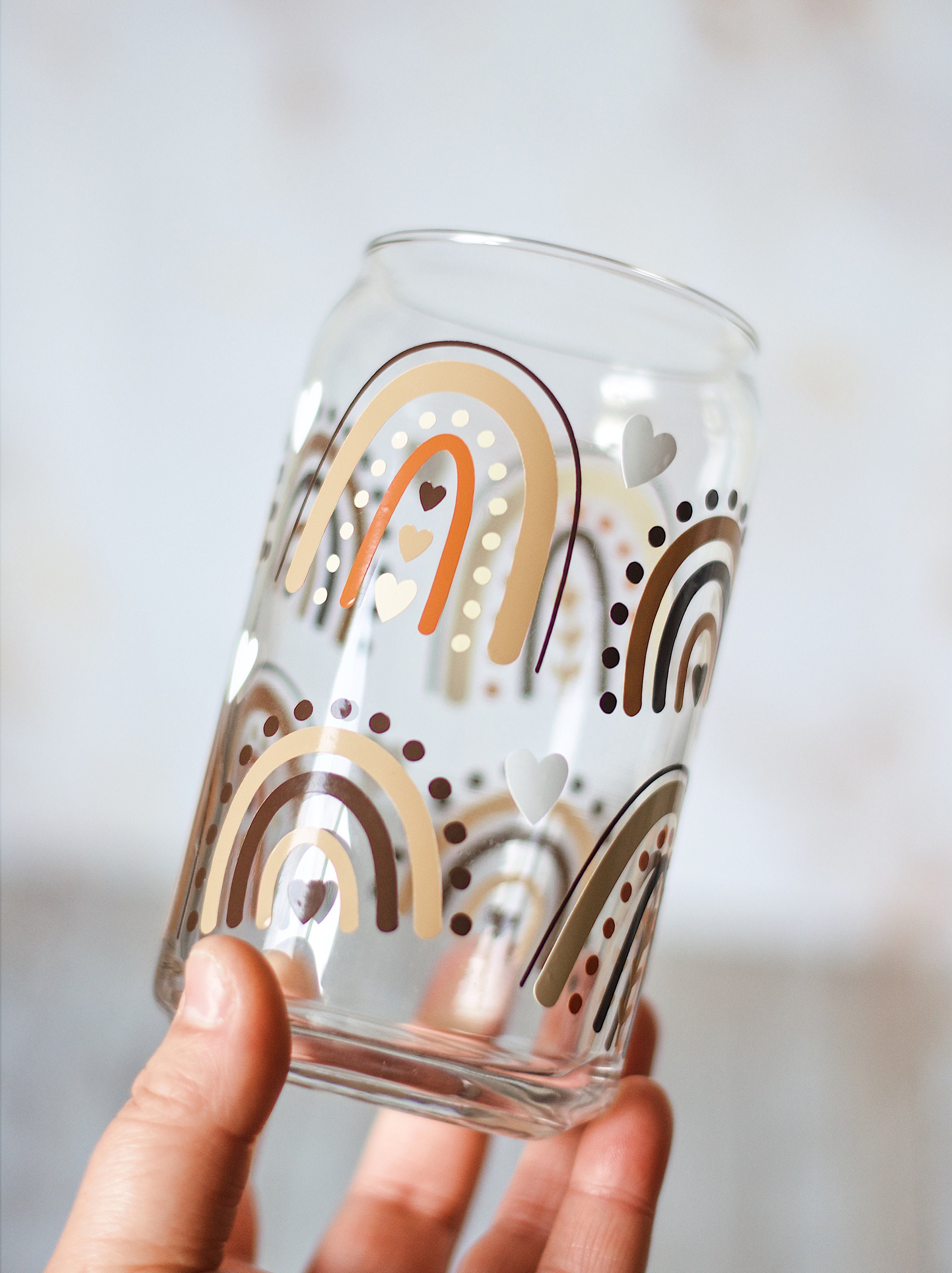 Boho Rainbow Libbey Glass Can With Bamboo Lid and Bent Glass Straw ...
