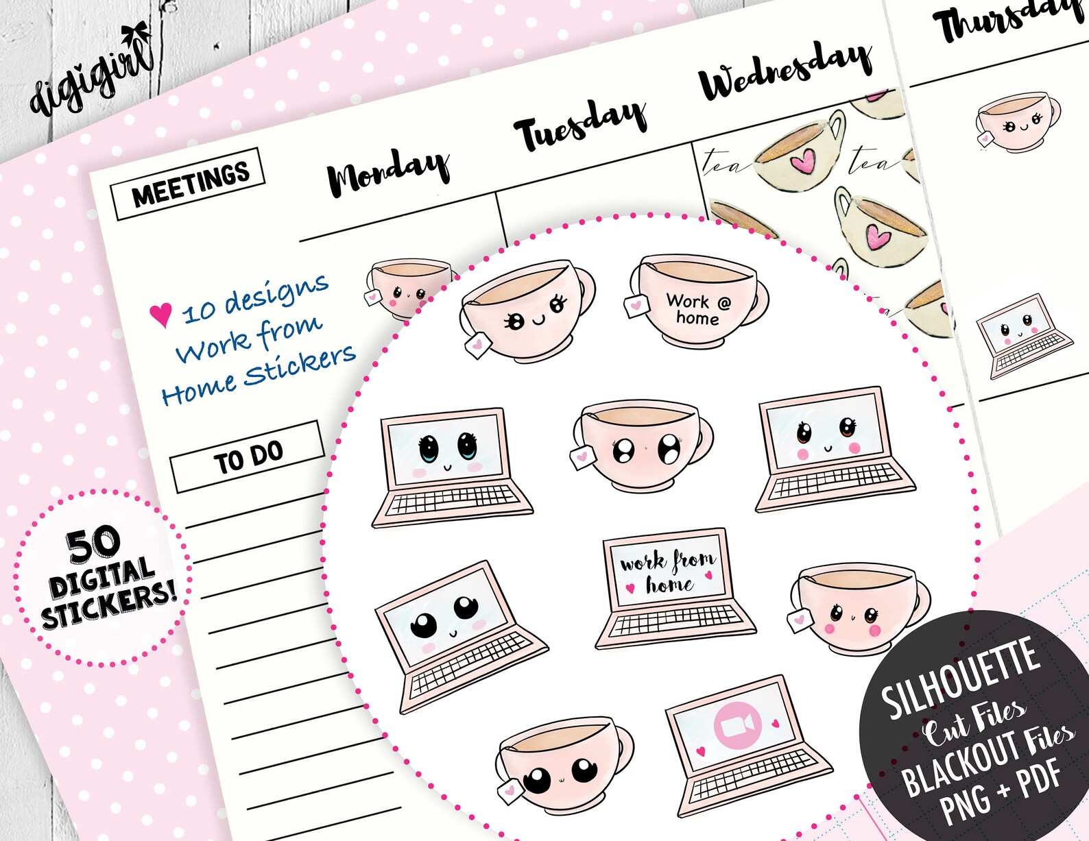 Work From Home Digital Planner Stickers DIY Cute Stickers Kawaii Teacup ...