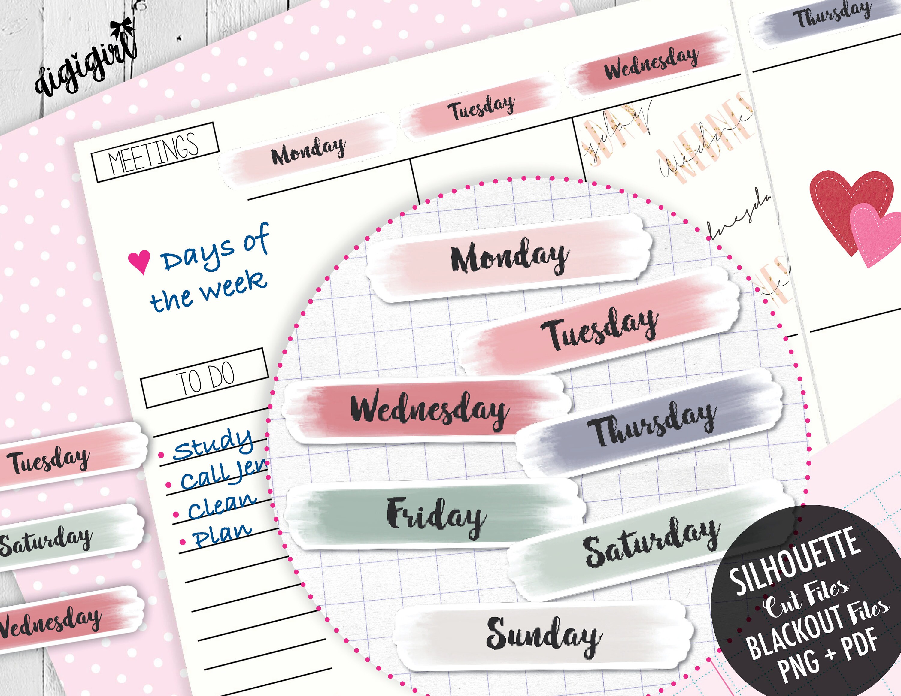 Days of the Week Printable Planner Stickers Brush Strokes - Etsy Ireland