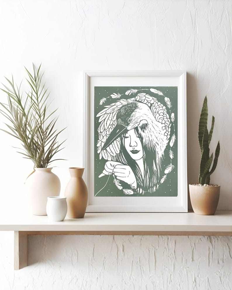 Crane Wife Linocut - Japanese Folktale Art Print - Etsy