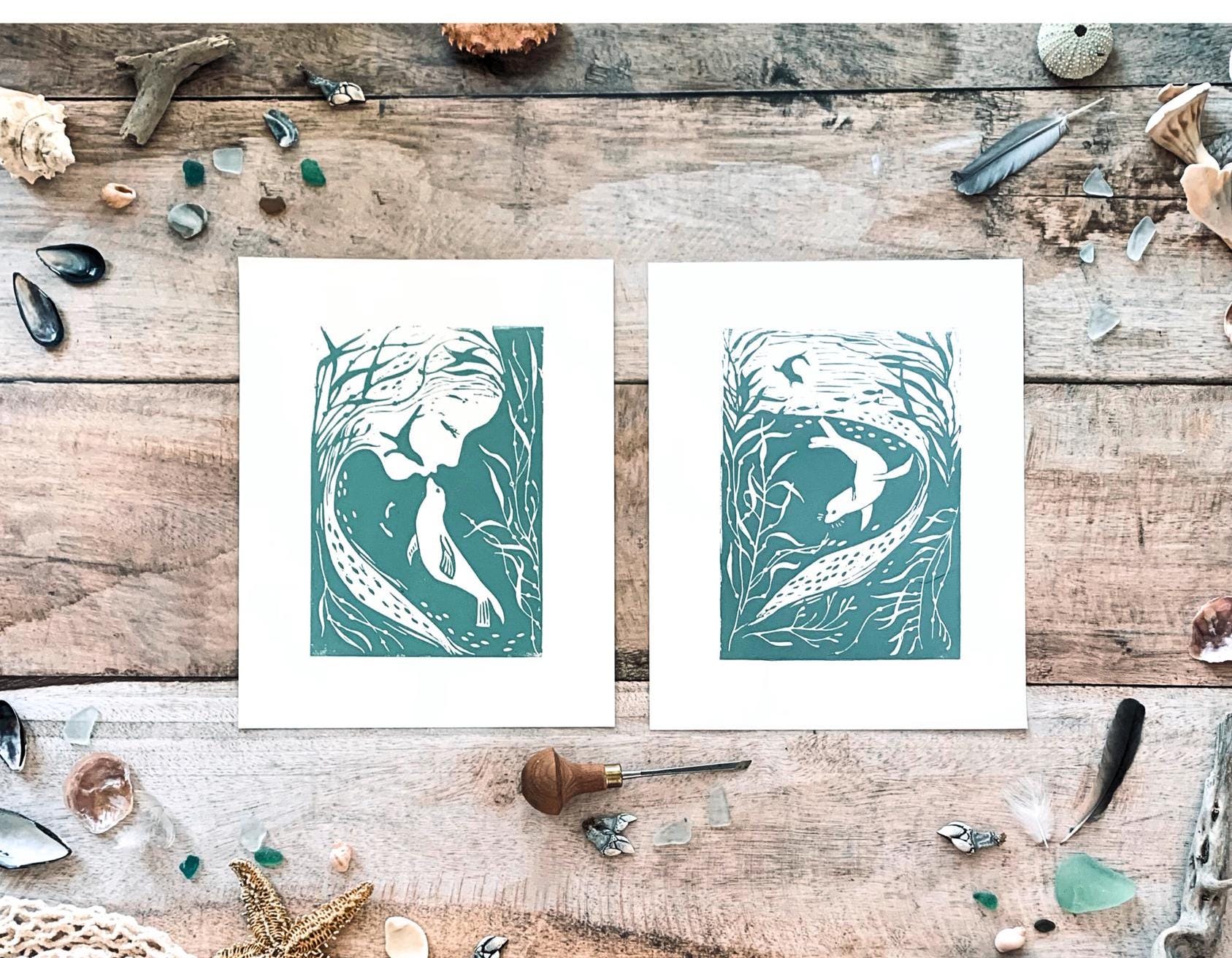 Set of Three Selkie Linocuts, Handmade Art Prints - Etsy