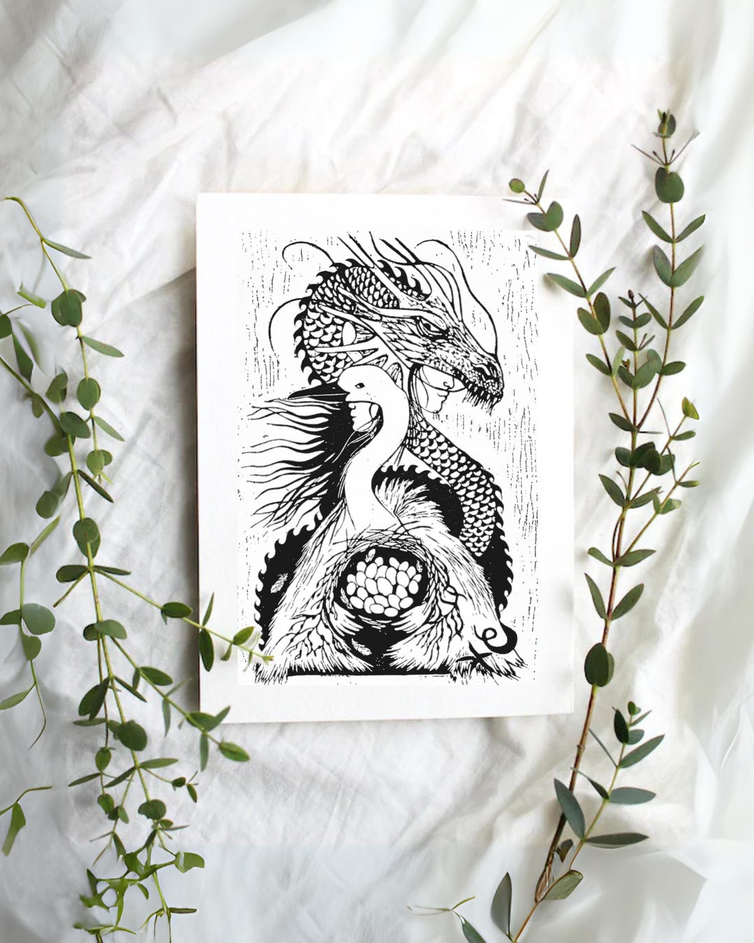 Vietnamese Dragon & Crane Linocut – Mythical Creatures Art Print ...