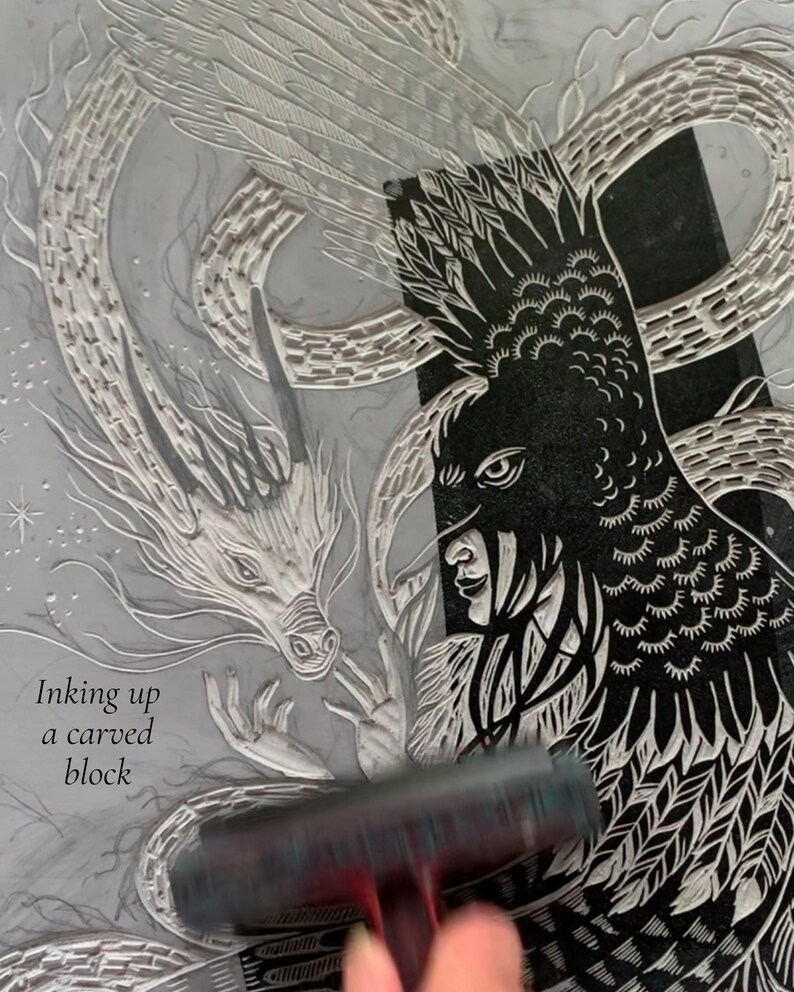 Dragon and Phoenix Handmade Linocut Art | Asian Mythology Print - Etsy