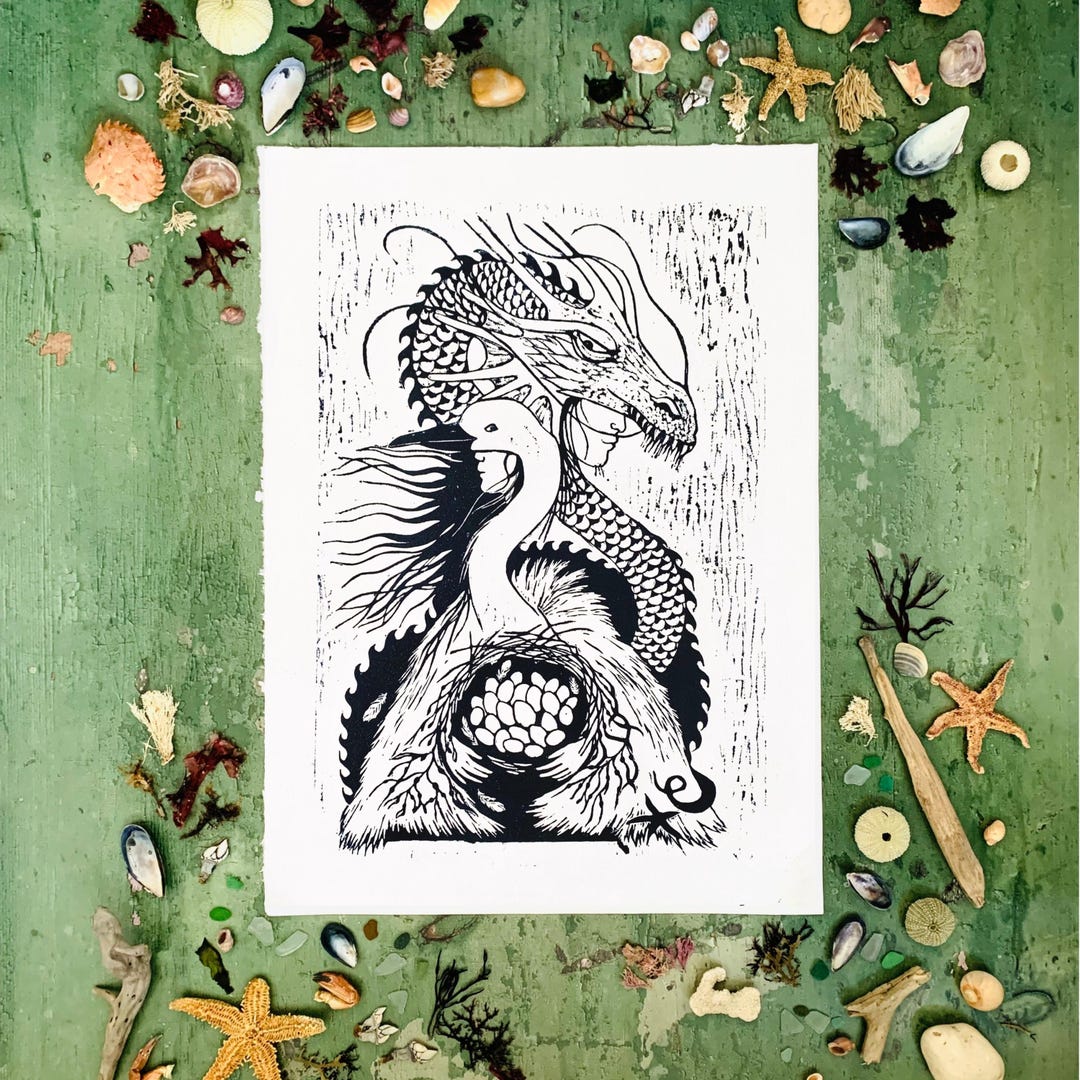 Dragon and Crane Linocut Print – Vietnamese Mythology Art | Pagan Wall ...