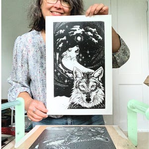 Wolf Spirit Linocut Print, Wolves Handmade Artwork - Etsy