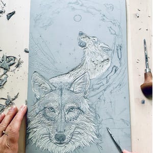 Wolf Spirit Linocut Print, Wolves Handmade Artwork - Etsy
