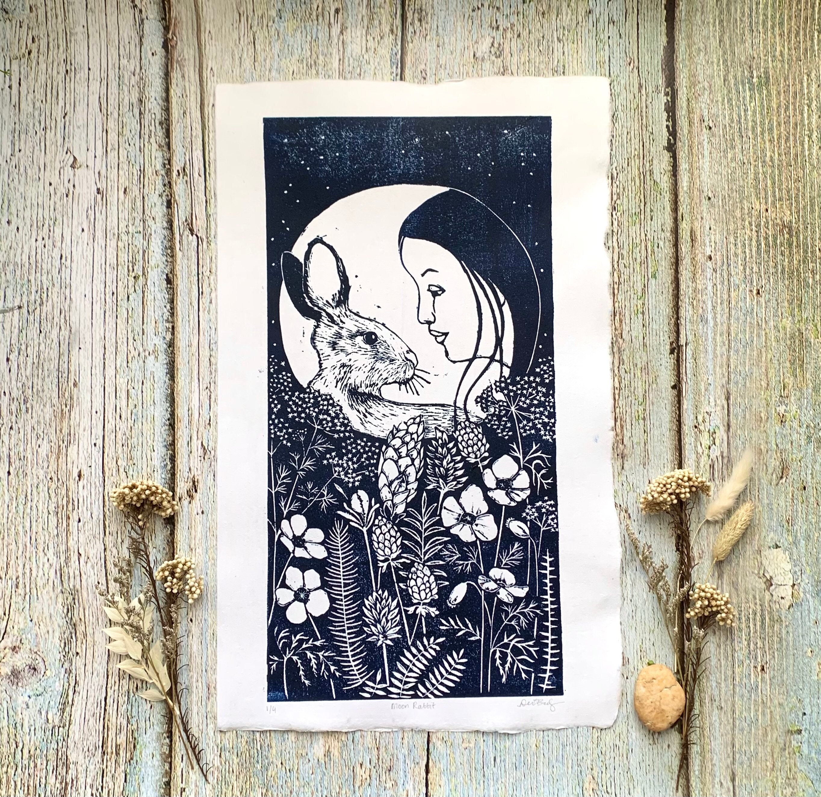Jade Rabbit and Moon Goddess Folklore Linocut Artwork - Etsy