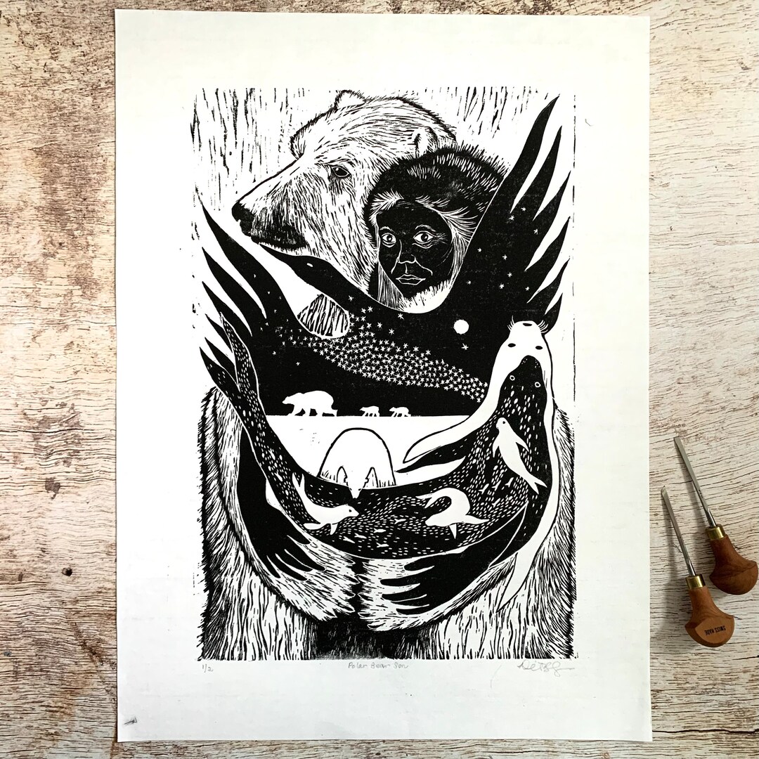 Polar Bear Storybook Linocut Print an Inuit Folktale About a - Etsy