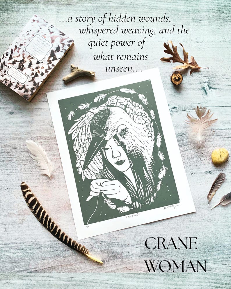 Crane Wife Linocut - Japanese Folktale Art Print - Etsy