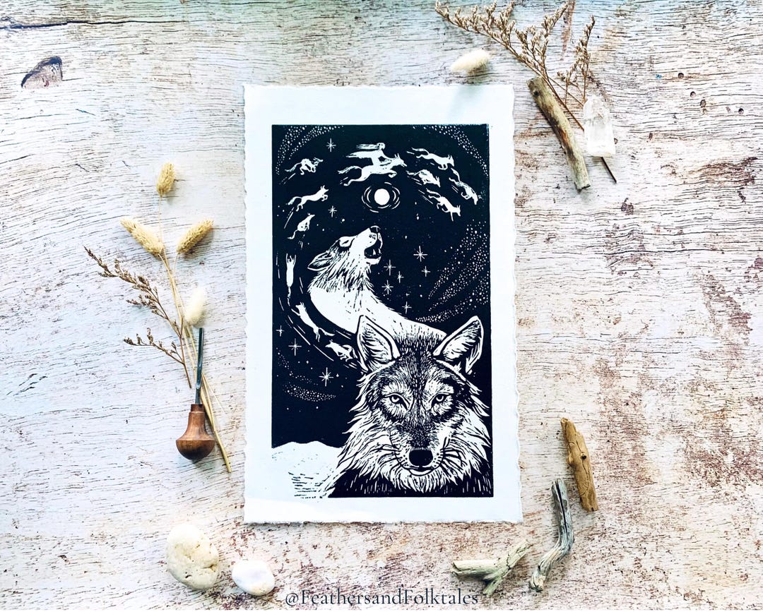 Wolf Spirit Linocut Print, Wolves Handmade Artwork - Etsy