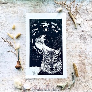 Wolf Spirit Linocut Print, Wolves Handmade Artwork - Etsy