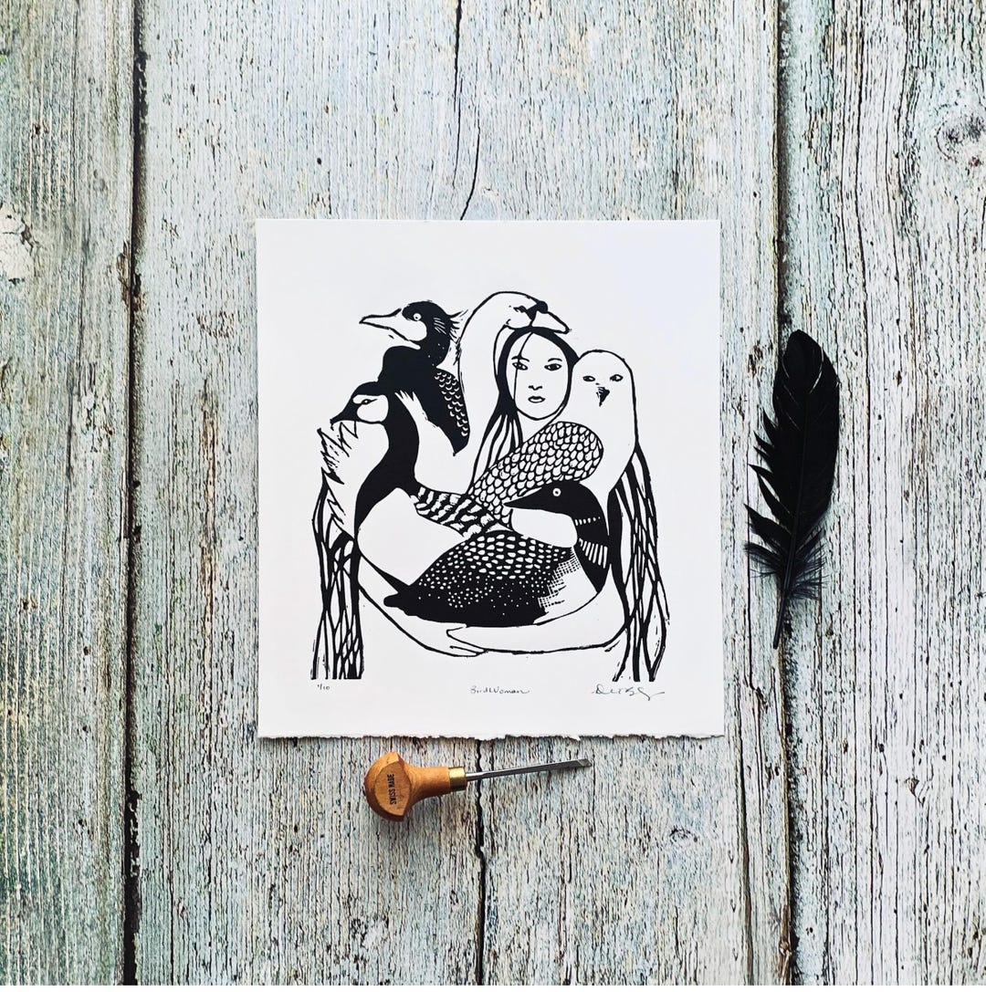 Bird woman Linocut Print – Handmade Folklore Art | Wild Feminine & Bird ...