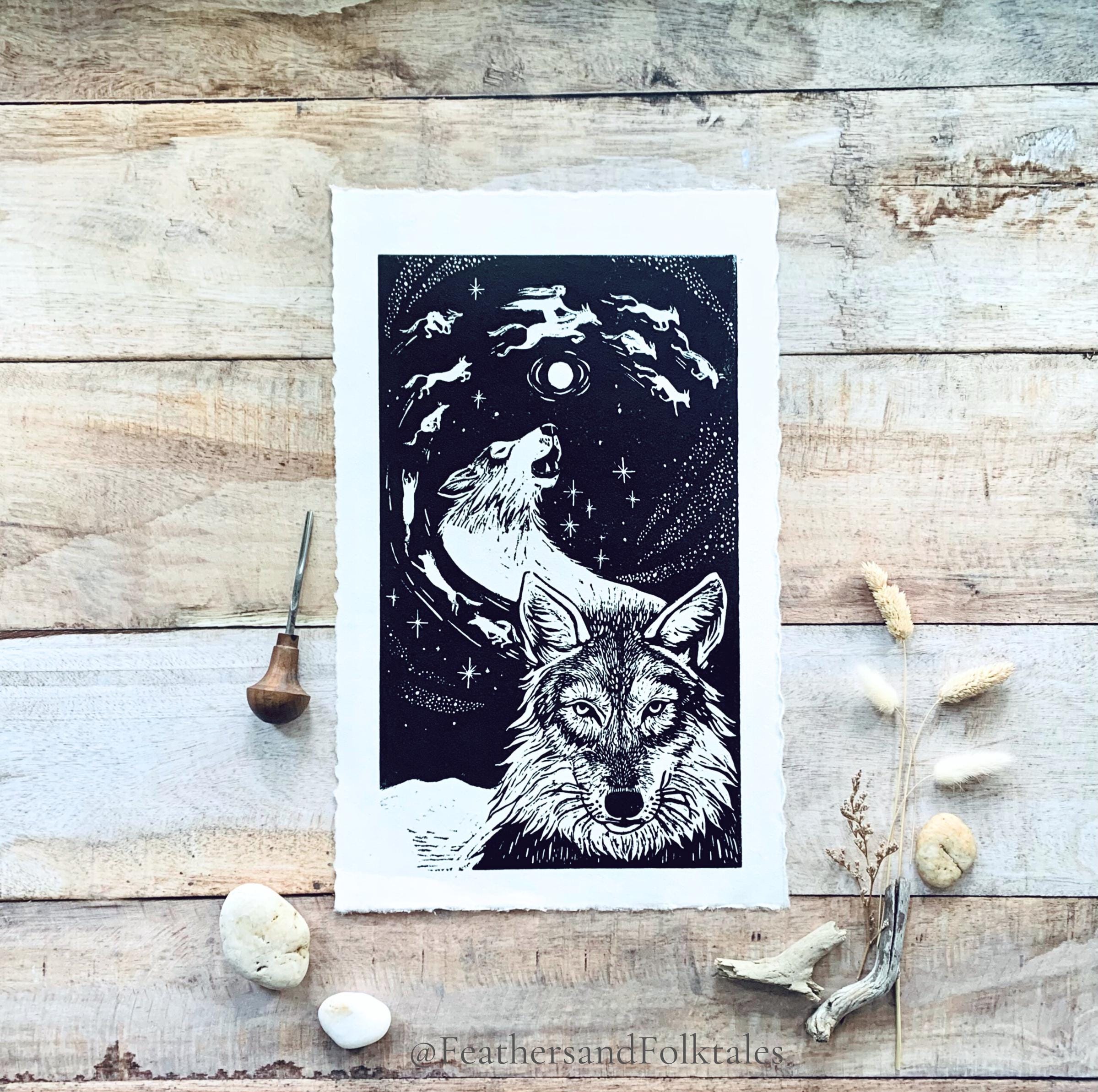 Wolf Spirit Linocut Print, Wolves Handmade Artwork - Etsy