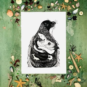 Selkie Linocut Print – Celtic Sea Witch Folklore Art | Pagan Winter ...