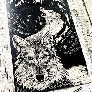 Wolf Spirit Linocut Print, Wolves Handmade Artwork - Etsy