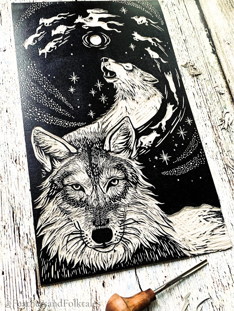 Wolf Spirit Linocut Print, Wolves Handmade Artwork - Etsy
