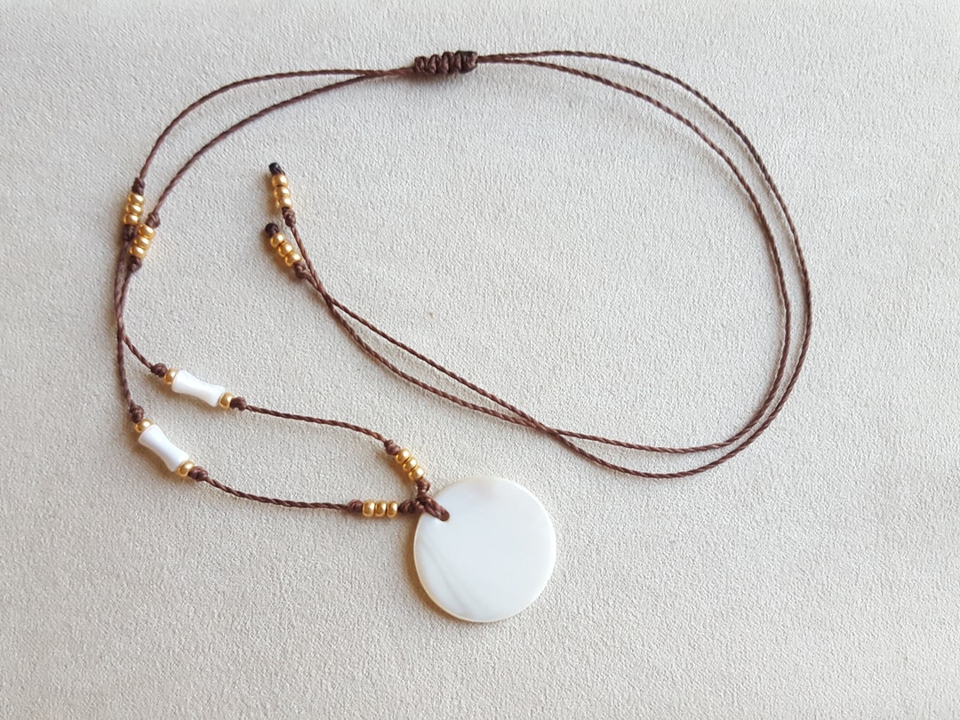 Hippie Shell Necklace Adjustable Cord Handmade Knotted Beaded Necklace ...