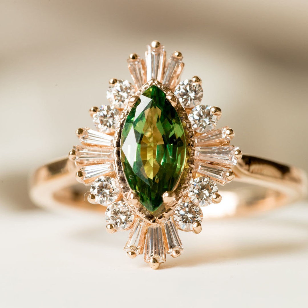 Art Deco Engagement Ring Sage Green Marquise Engagement Ring Yellow ...