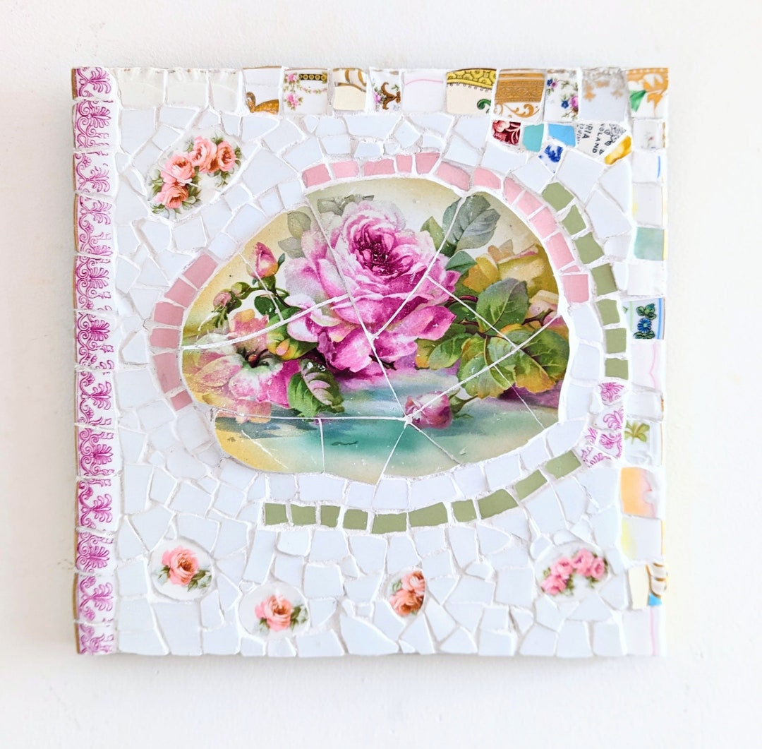 Roses Flowers Mosaic Picture Floral Nature Wall Pink White Rose Art ...