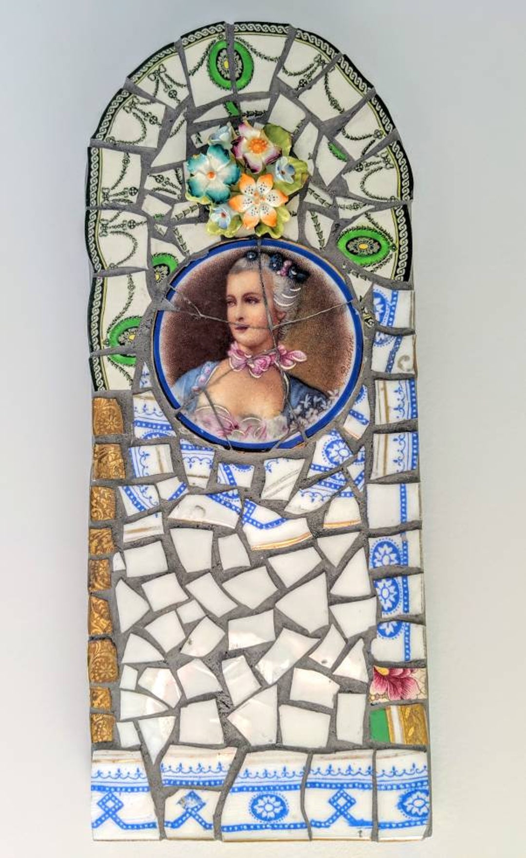 French Lady Cameo Mosaic Wall Art: Blue White Gold Recycled Decor - Etsy