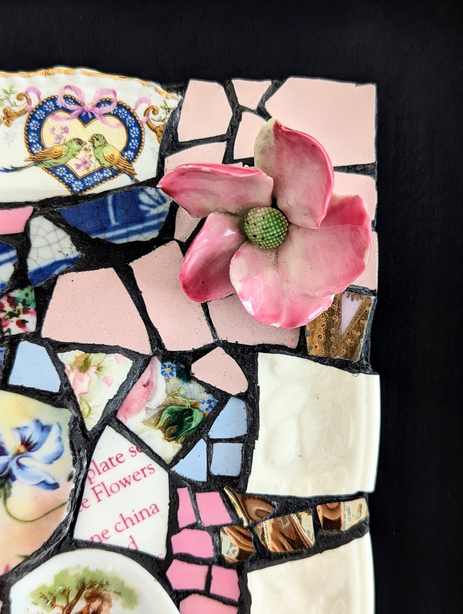 Abstract Mosaic Picture Flowers Pink White Blue Vintage Ceramic Wall ...