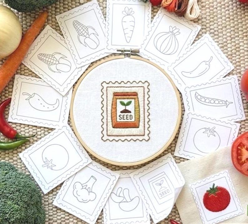 9 Vegetable Stick & Stitch Designs, Retro Stamp Style, Produce Decor ...