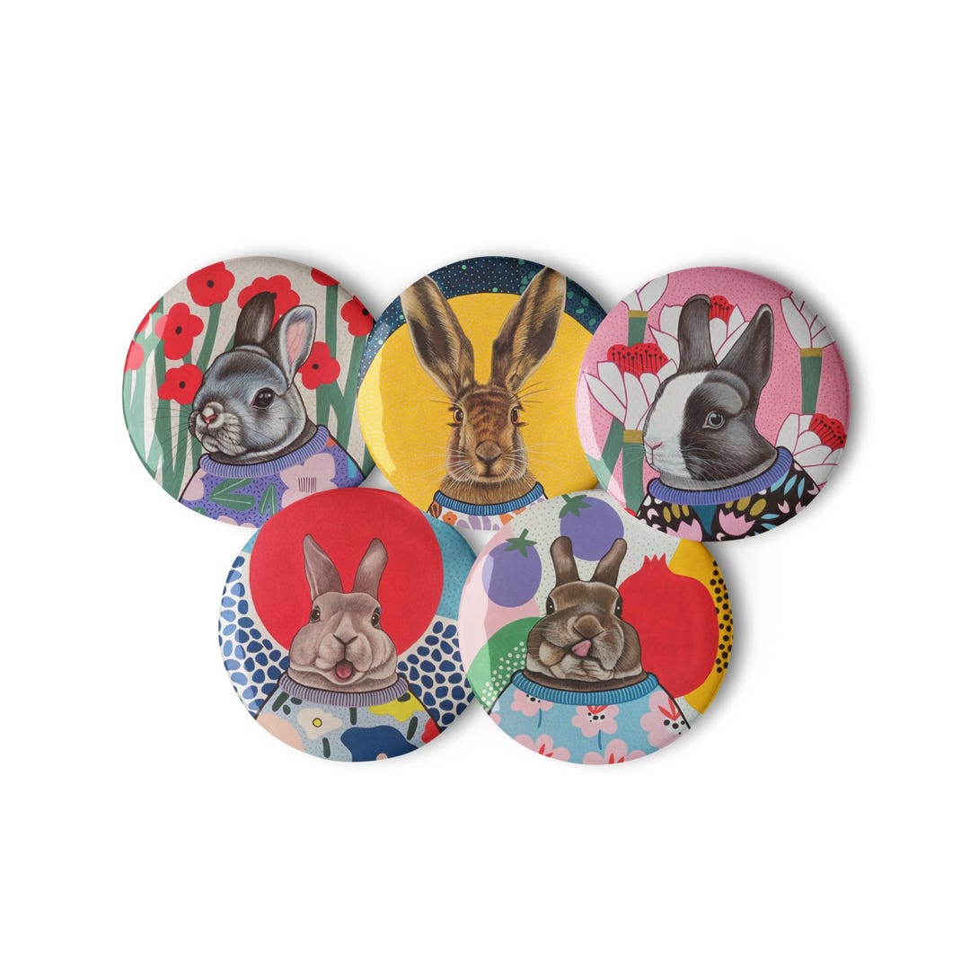 Whimsical Rabbit Pin Badge Set: Floral & Abstract Bunny Pins - Etsy