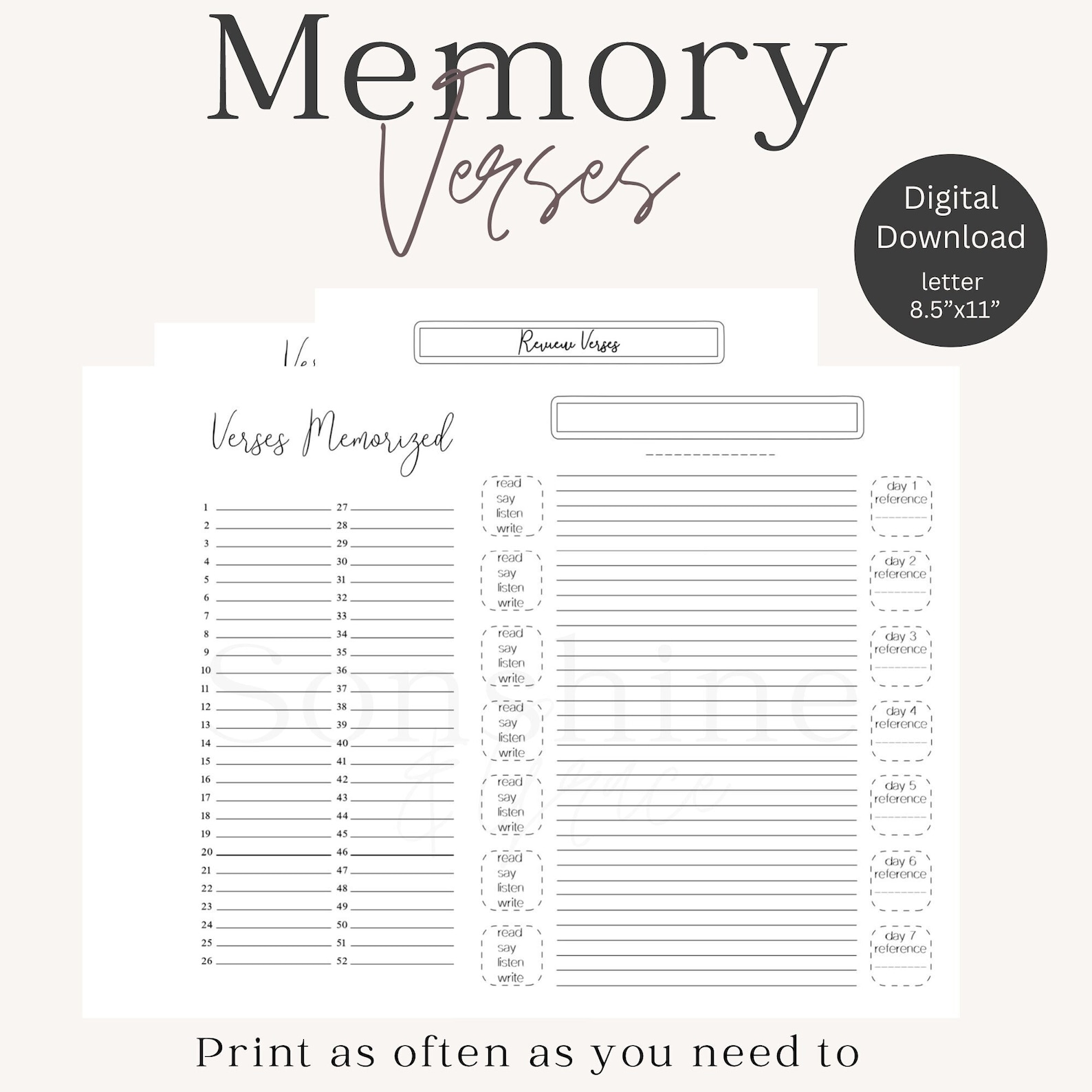 Memory Verse Printable: Bible Study Worksheet (PDF Download) - Etsy