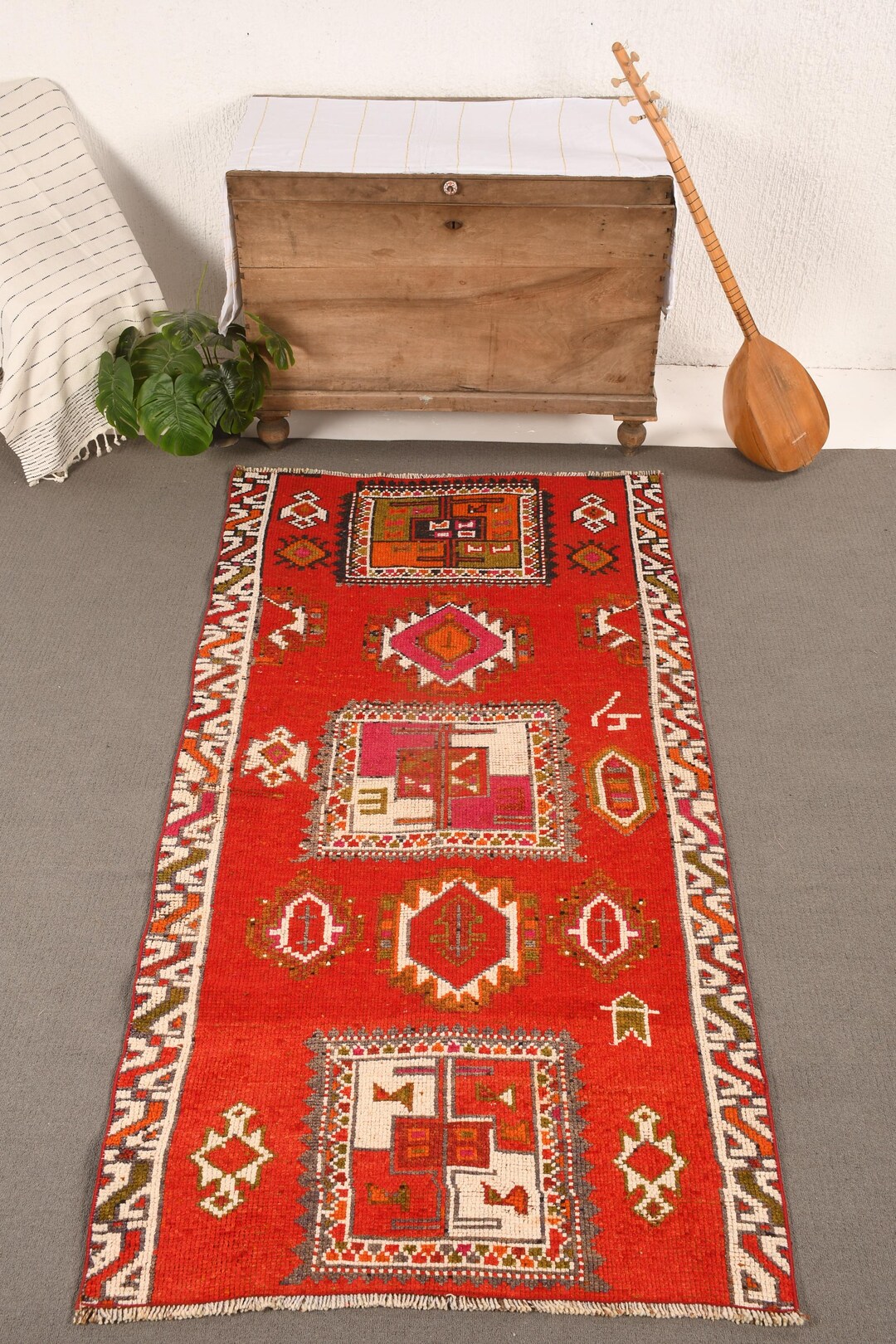 Vintage Kitchen Rug, Red Decorative Wool Rug, 3.3x7.1 Ft Herki Turkish ...