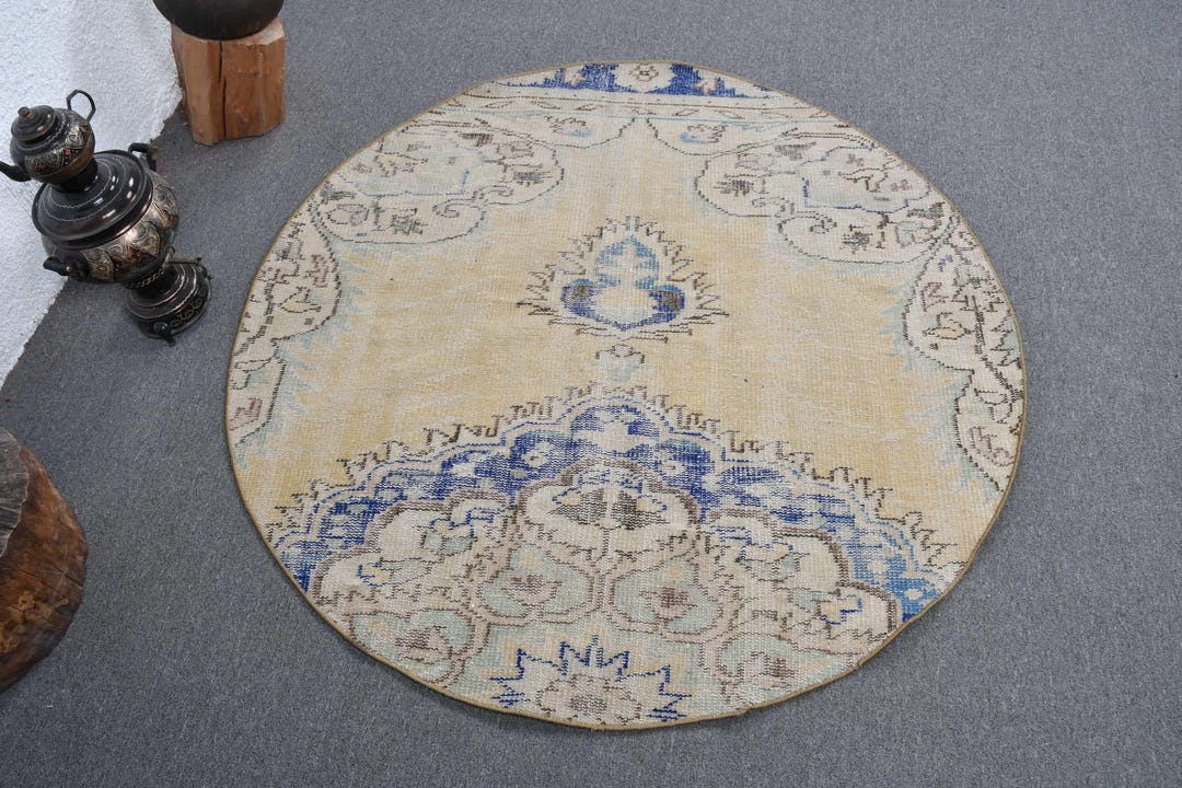 Vintage Round Turkish Accent Rug, Beige and Blue Medallion Design ...