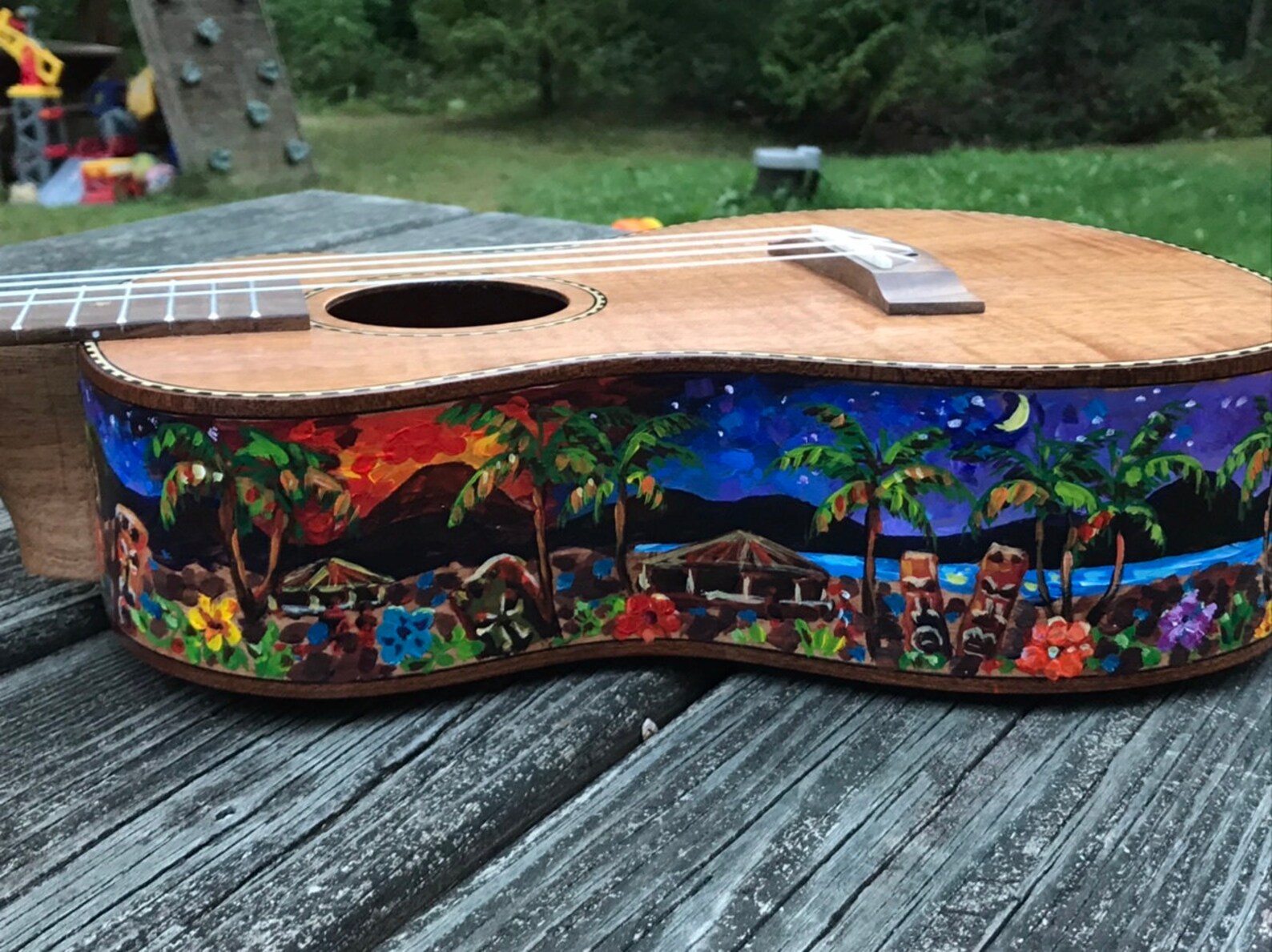 Ukulele With Hand-painted Tiki Island Design Around Sides - Etsy