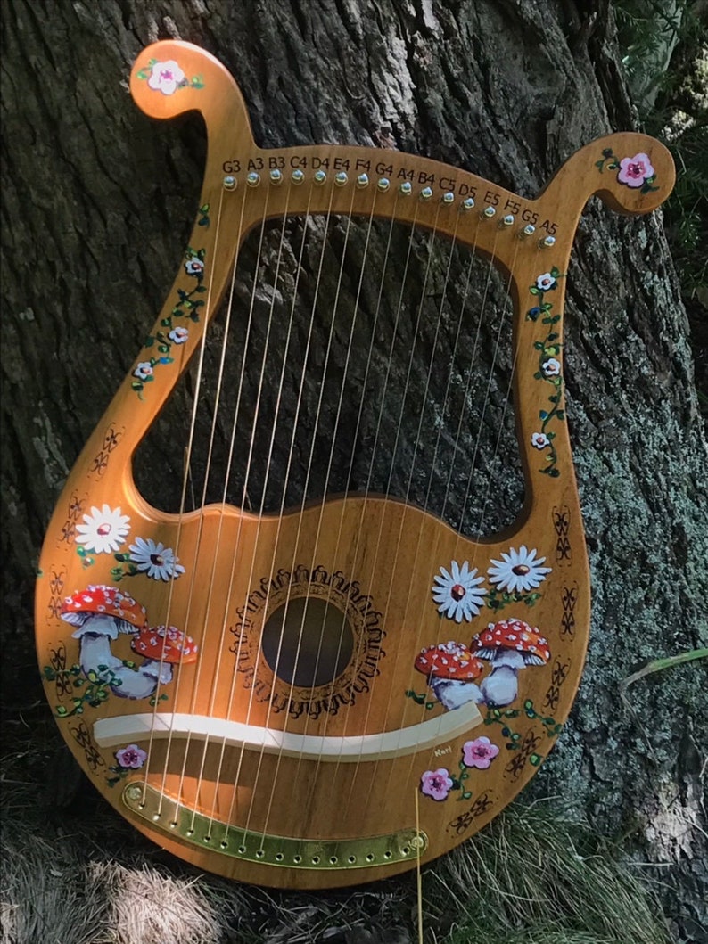 Hand-decorated Lyre Harp - 16-string, Grecian Mushroom and Daisy Design ...