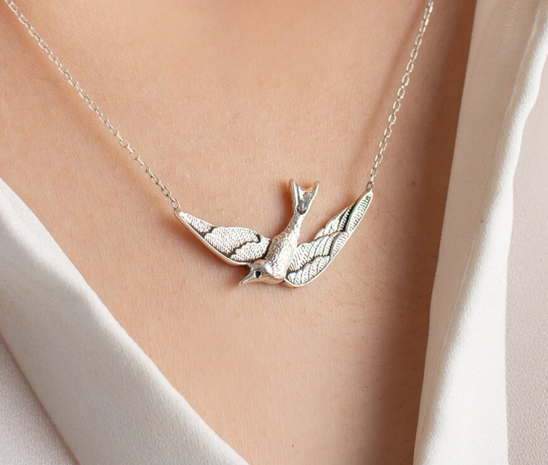 Silver Bird Necklace, Swallow Necklace, Sparrow Necklace, Flying Bird ...