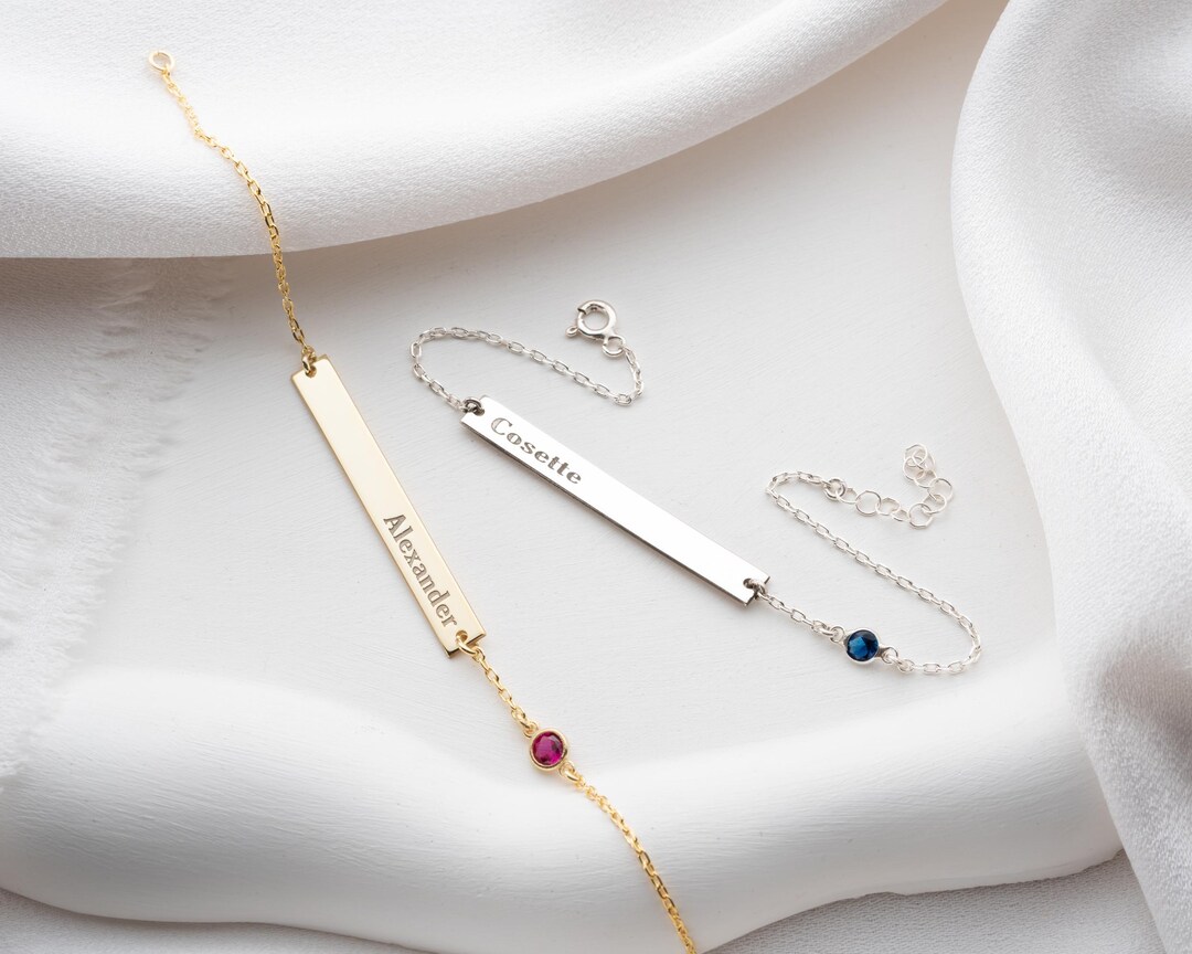 Personalized Sterling Silver Name Plate Bracelet With Birthstone - Etsy