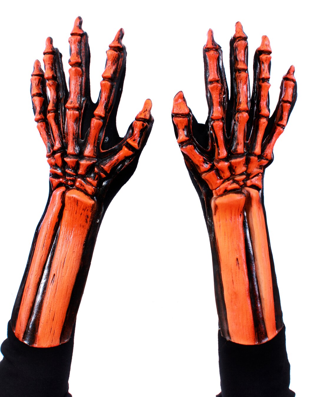 Skeleton Hands Gloves Orange Glow in the Dark Ghost UV Bones Latex Grim ...