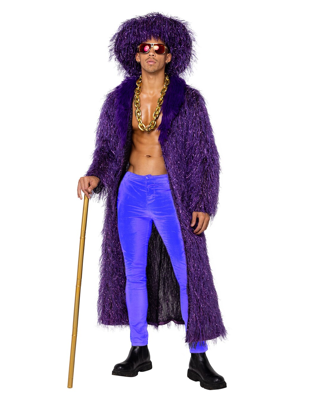 Pimp Costume Mens Purple Shiny Faux Fur Coat Hat Mack Daddy Brothel ...