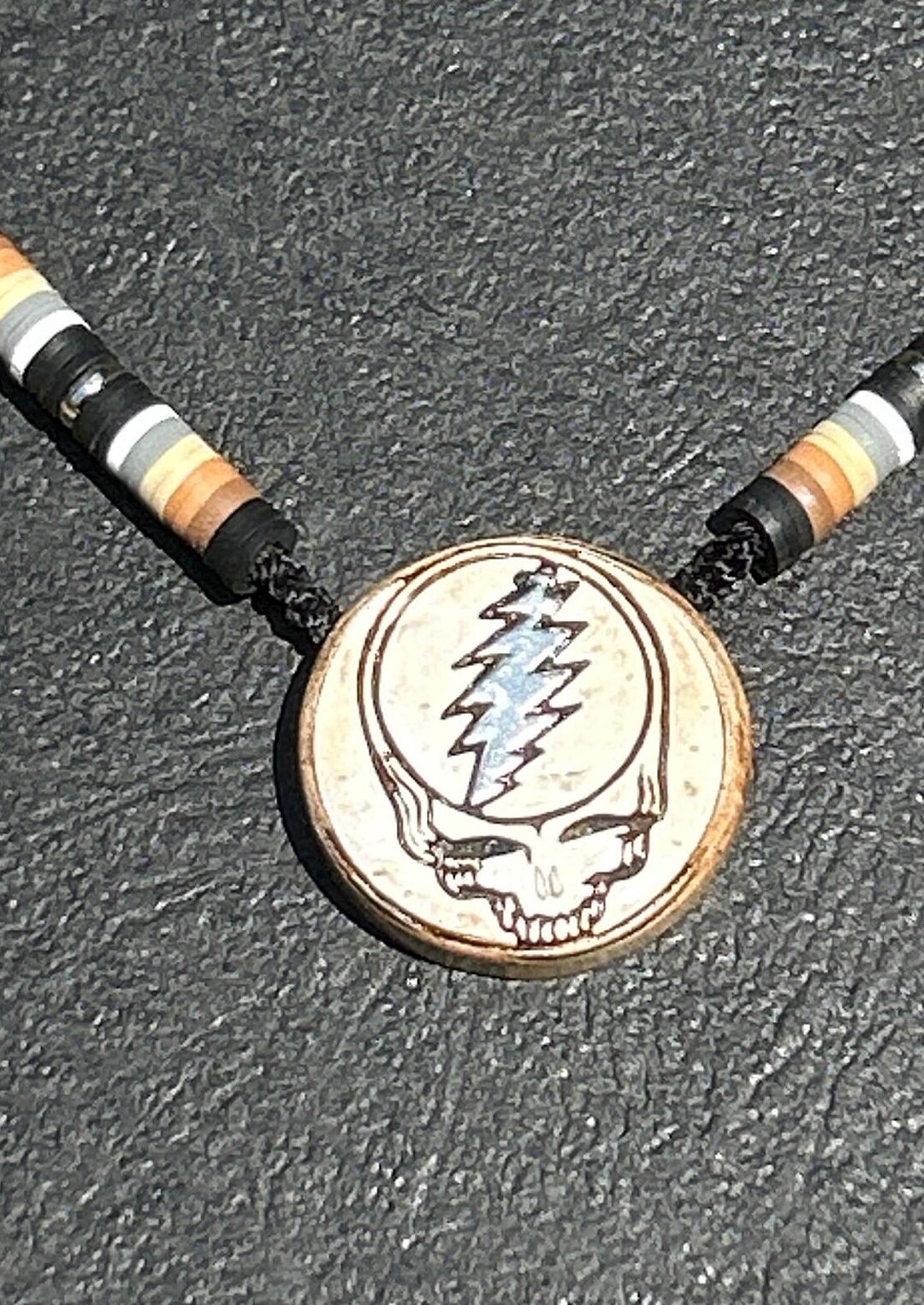 Grateful Dead Ceramic Steal Your Face With Bolt Pendant,black Handwoven ...